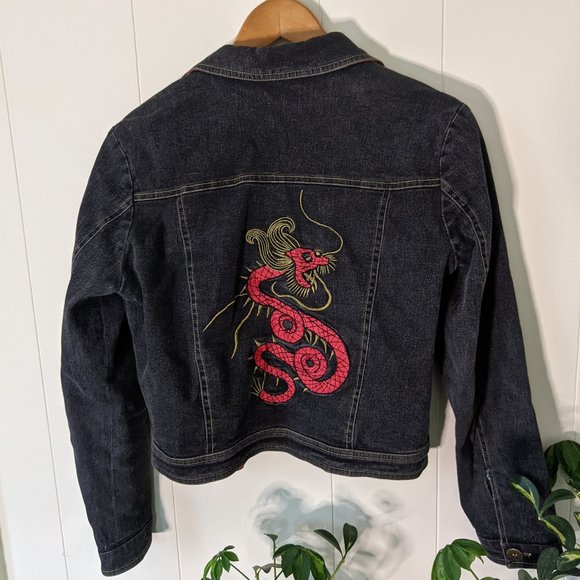 NRI | Jackets & Coats | Red Dragon Black Denim Jacket | Poshmark